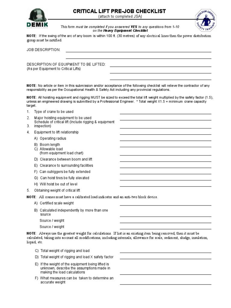 Critical Lift Checklist | PDF | Crane (Machine) | Elevator