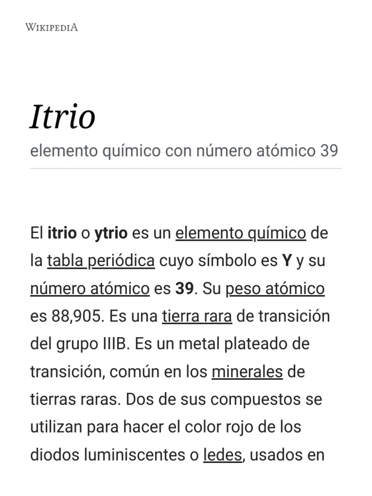 Itrio - Wikipedia, La Enciclopedia Libre | PDF | Química | Átomos