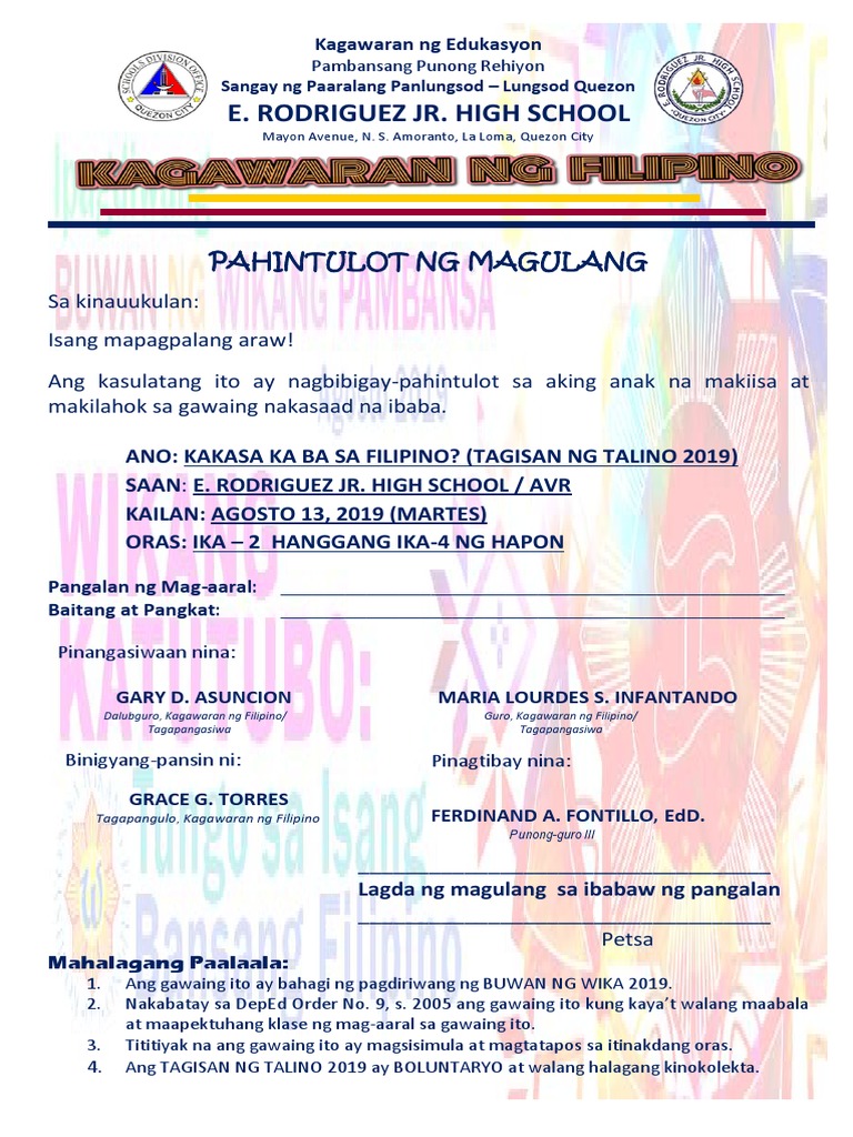 Liham para Sa Magulang para Pagsali Sa Paligsahan | PDF