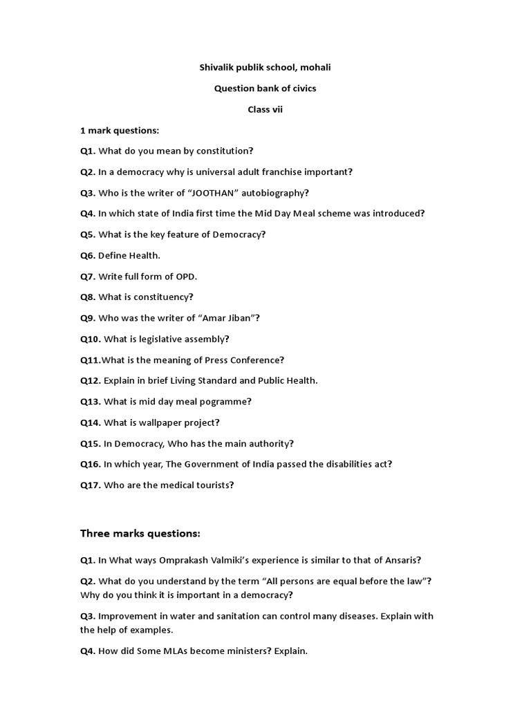 Class 7 Civics Question Bank | PDF | Democracy | Political Ideologies