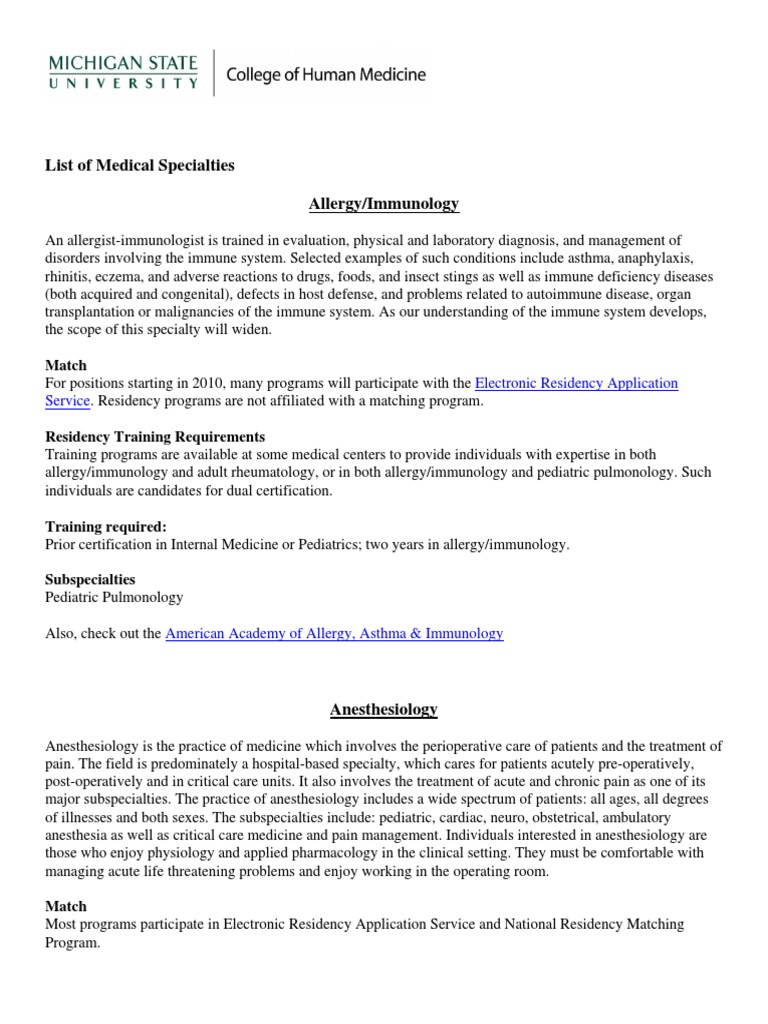 List Medical Specialties Pdf Urology Neurology