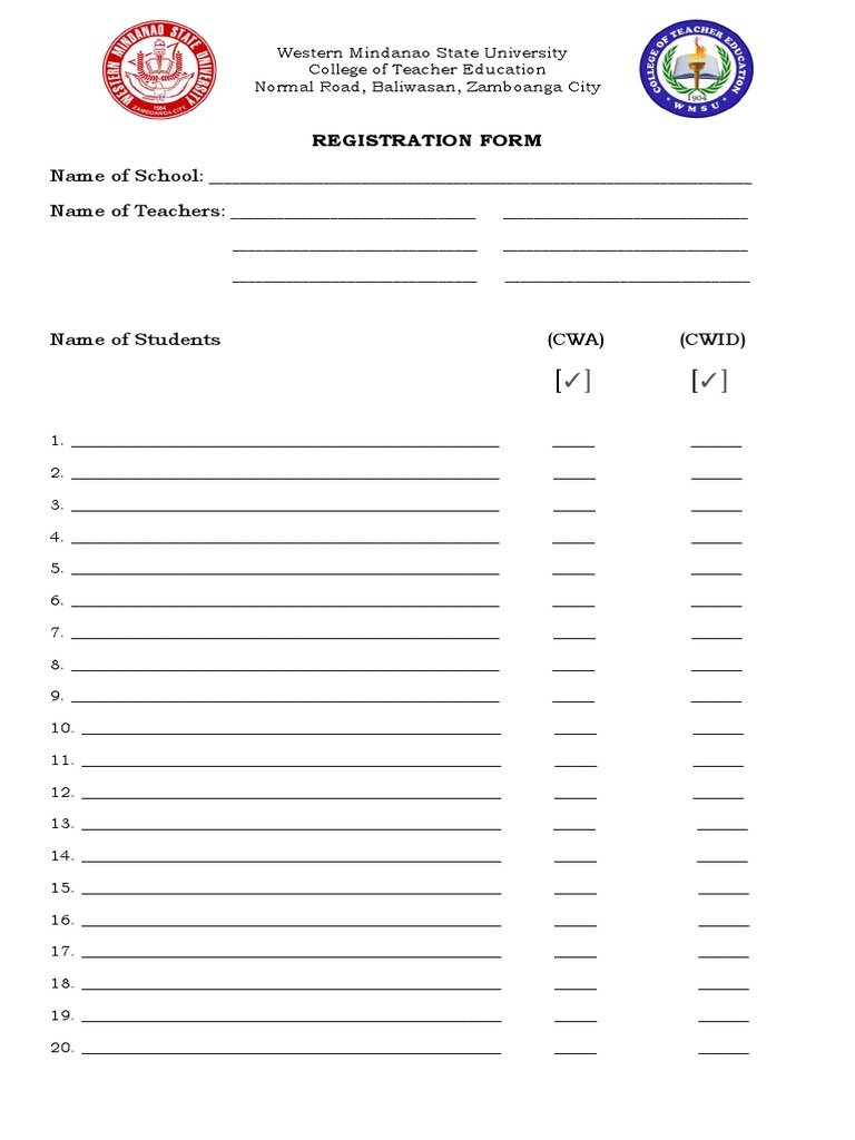 Name of School: Name of Teachers:: Registration Form | PDF