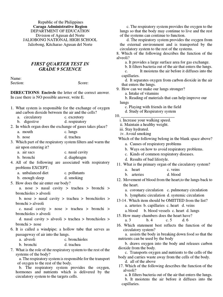 Science 9 | PDF | Respiratory System | Circulatory System