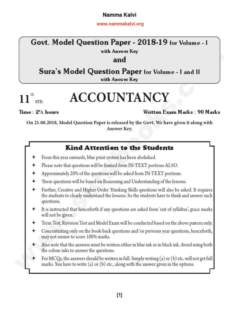 Namma Kalvi 11th Accountancy Government Model Question Paper Answer Key ...