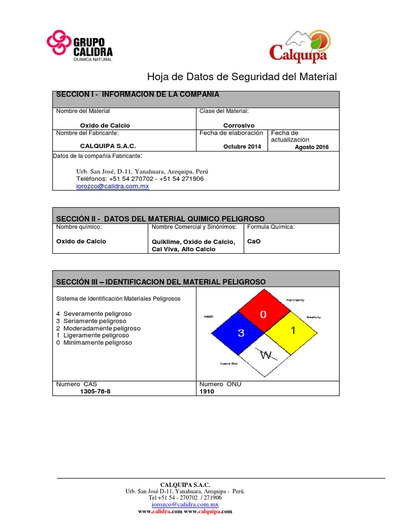 MSDS Cal Viva | PDF | Combustión | Agua
