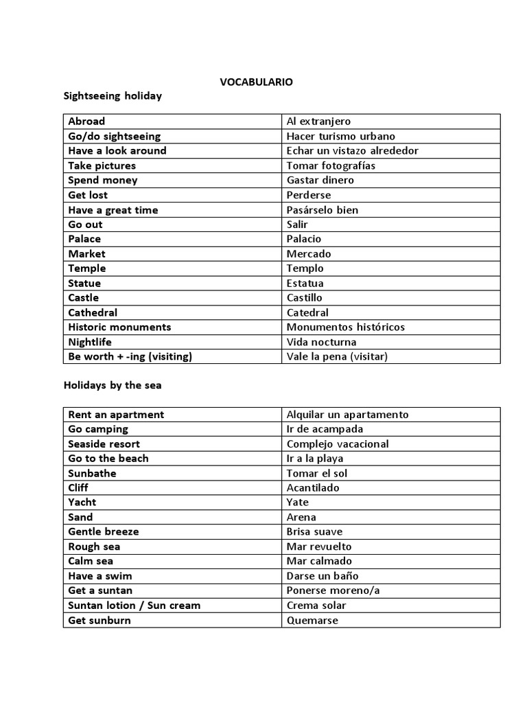 Holiday Vocabulary and Activities Guide | PDF | Baggage | Hospitality ...