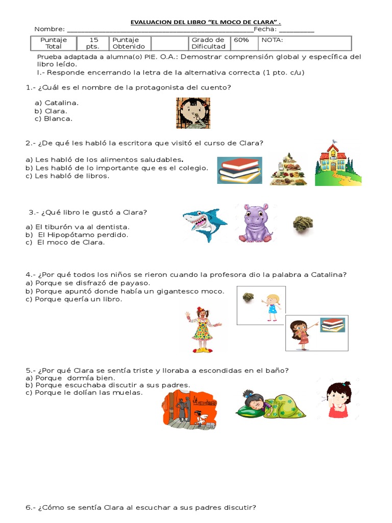 Evaluación del libro "El moco de Clara" | PDF | Artes del Lenguaje y ...