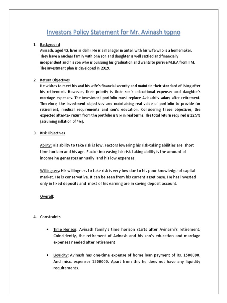 Investors Policy Statement For Mr. Avinash Topno | PDF | Retirement | Investing