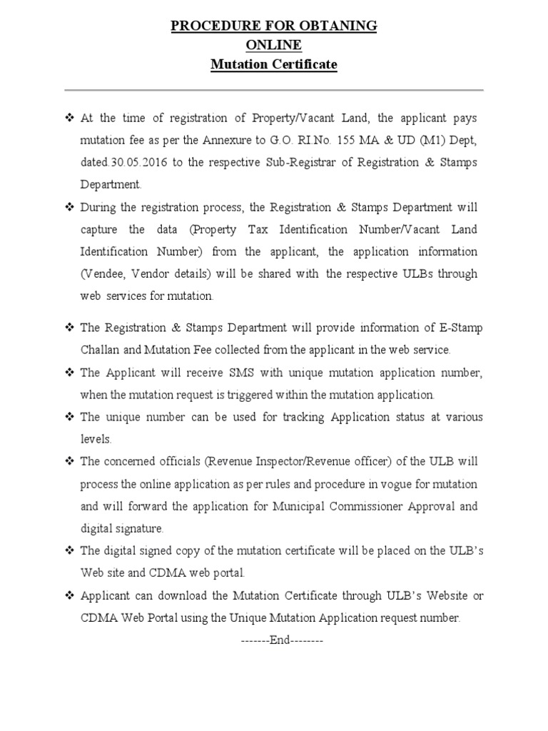 Procedure For Obtaning Online Mutation Certificate | PDF