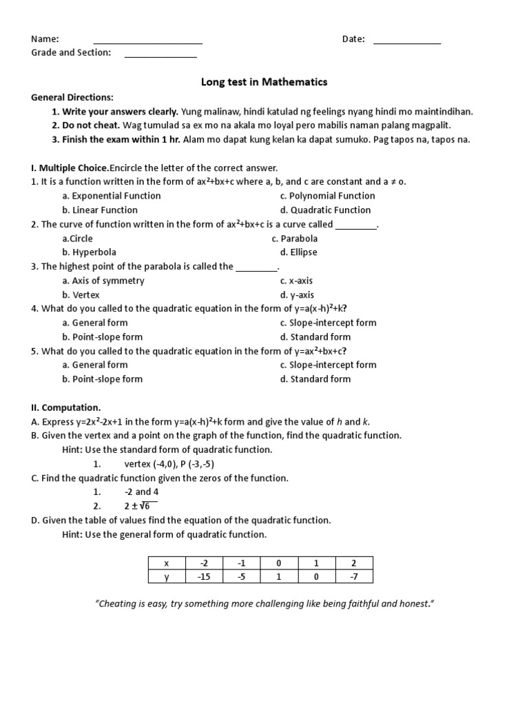 Long Test in Mathematics: "Cheating Is Easy, Try Something More ...