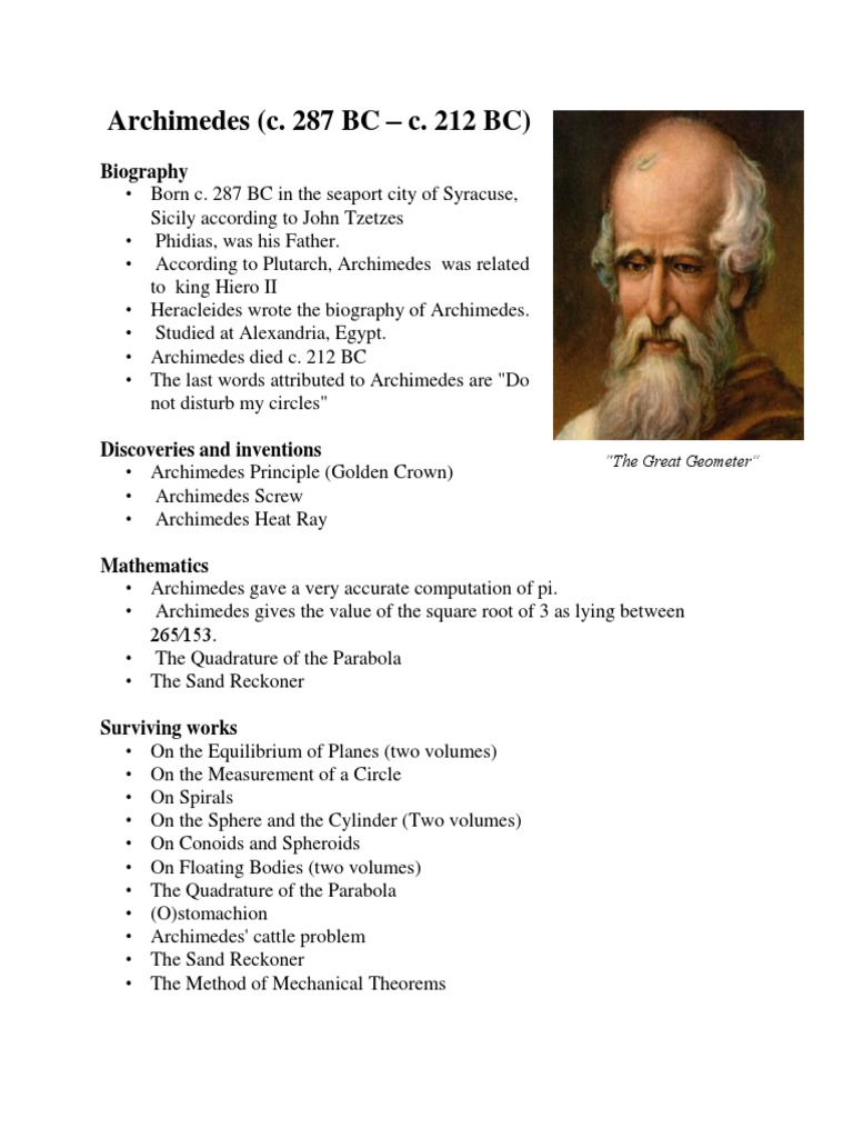 Archimedes (C. 287 BC - C. 212 BC) : Biography | PDF | Works | Buoyancy