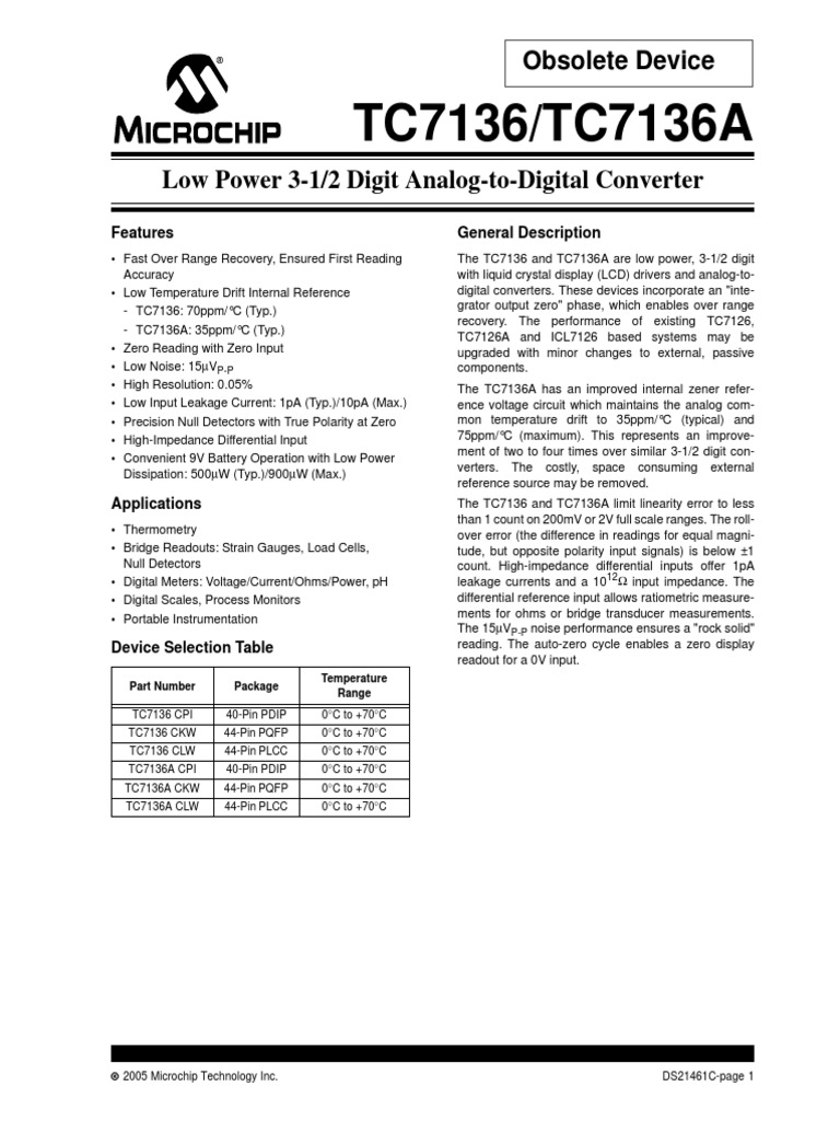TC7136/TC7136A: Low Power 3-1/2 Digit Analog-to-Digital Converter | PDF | Analog To Digital ...