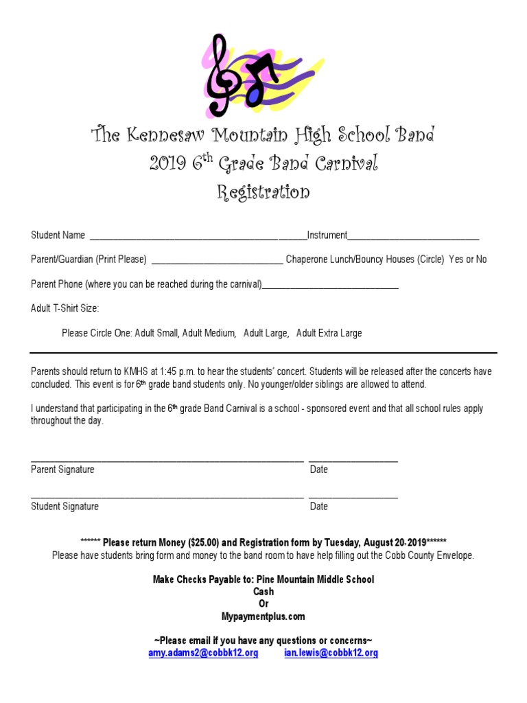 6th Grade Band Carnival Registration Form | PDF