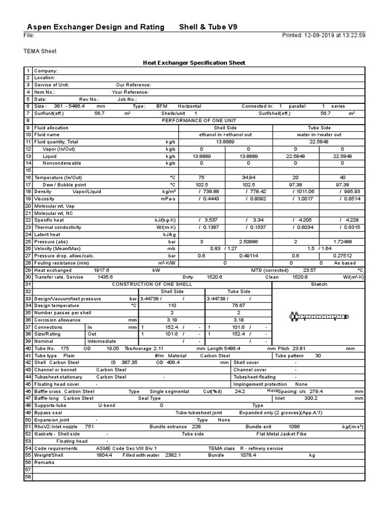 Tema Sheet | PDF | Heat Exchanger | Pipe (Fluid Conveyance)