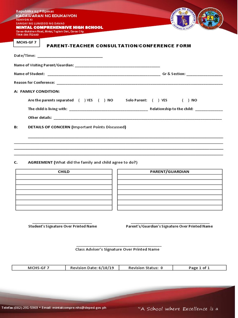 Parent-Teacher Consultation/Conference Form: Mintal Comprehensive High ...