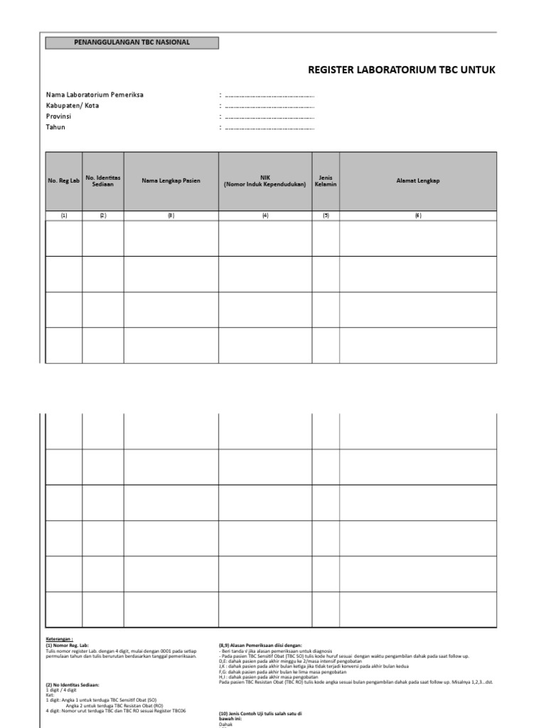 Formulir Register Laboratorium TBC | PDF