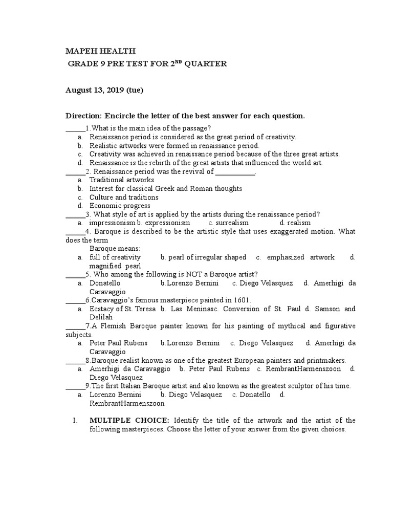 Mapeh Arts Grade 9 Pe Pre Test For 2nd Quarter | PDF | Renaissance ...