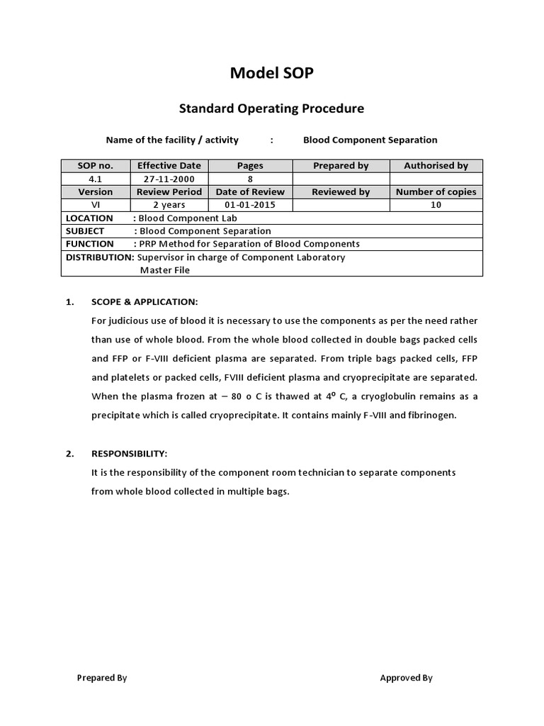 Blood Component Separation SOP | PDF | Blood Plasma | Centrifuge