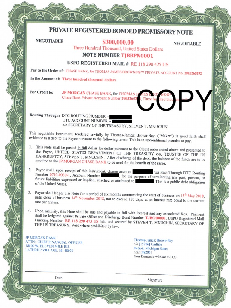 Re118290425us Private Registered Bonded Promissory Note JP Morgan Chase ...