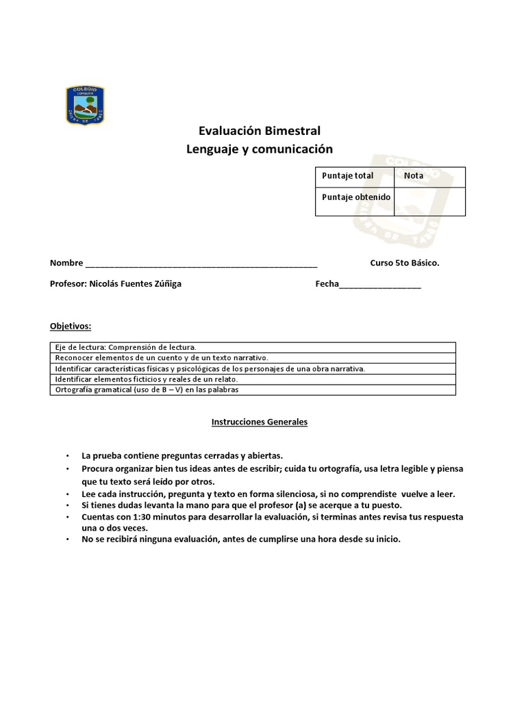 Prueba Género Narrativo 5to Básico | PDF | Narración | Narrativa