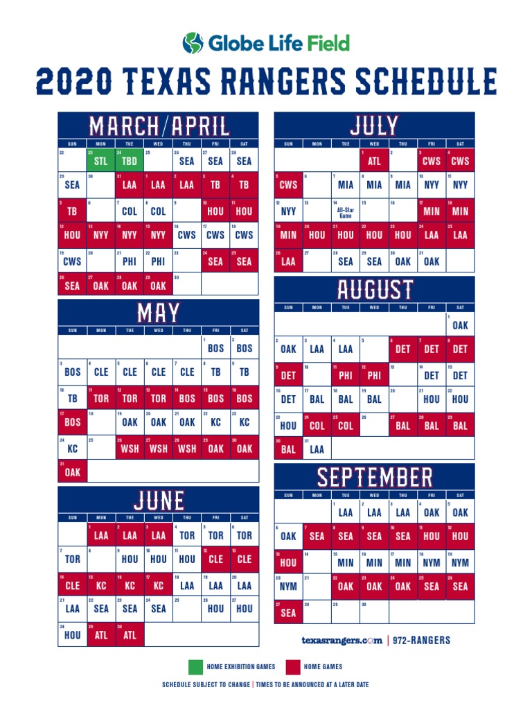 Texas Rangers 2020 Schedule | PDF