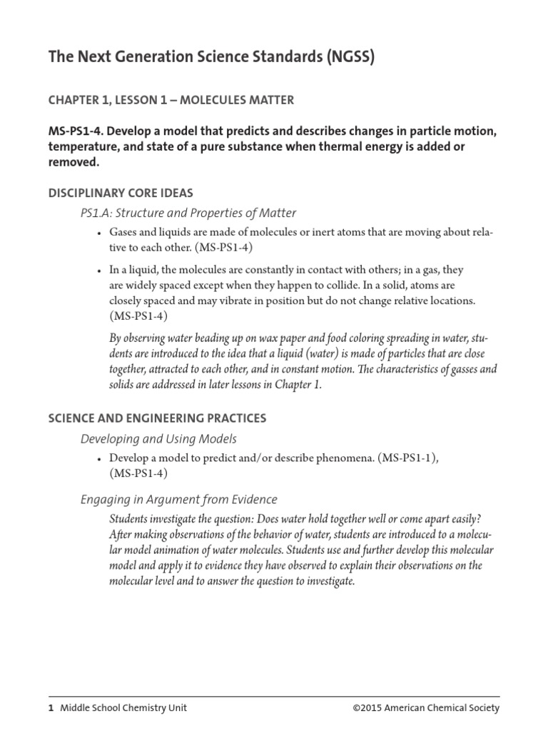 Chapter1 Ngss Alignment | PDF | Molecules | Gases