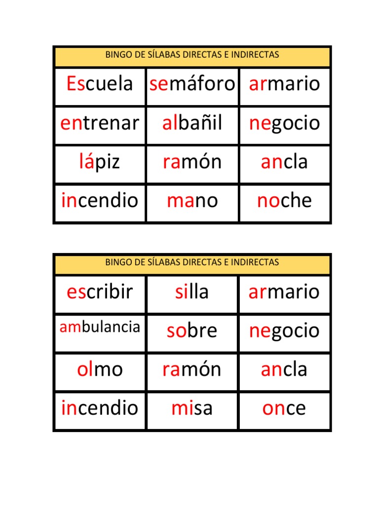 Bingo de Sílabas Directas e Indirectas | PDF
