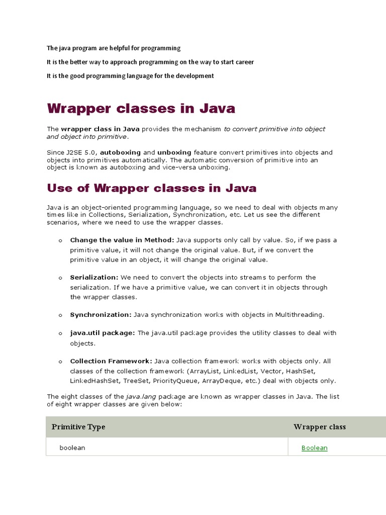 Use Of Wrapper Classes In Java Pdf Integer Computer Science 