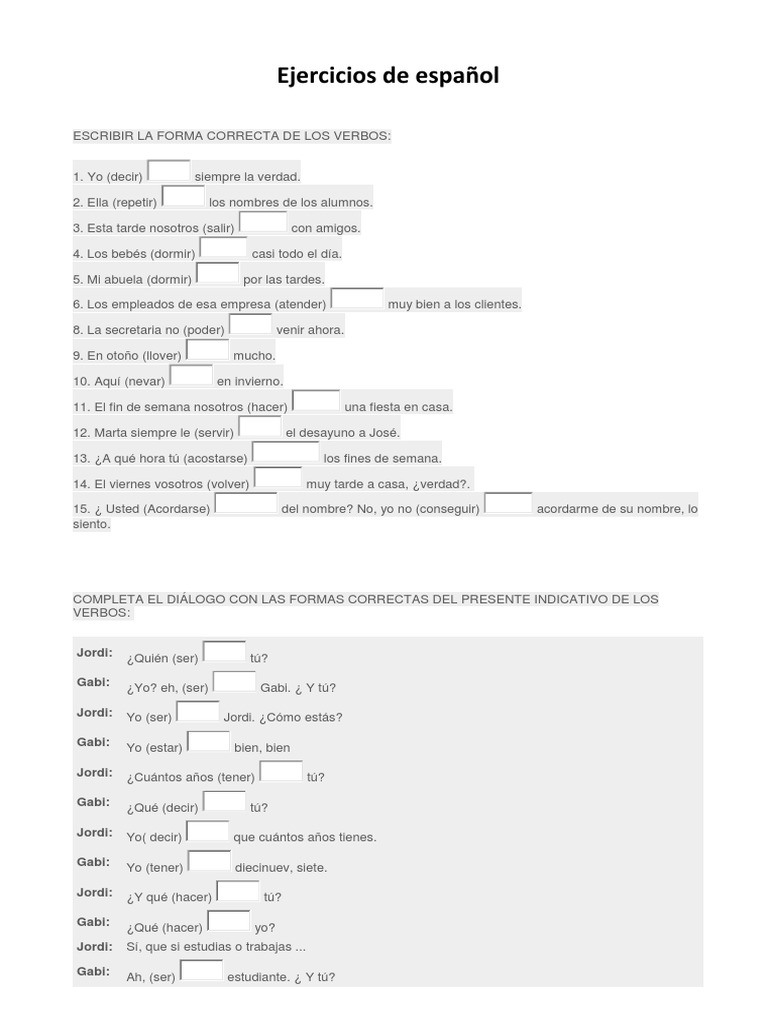 Ejercicios de Español - Verbos - Espanhol | PDF
