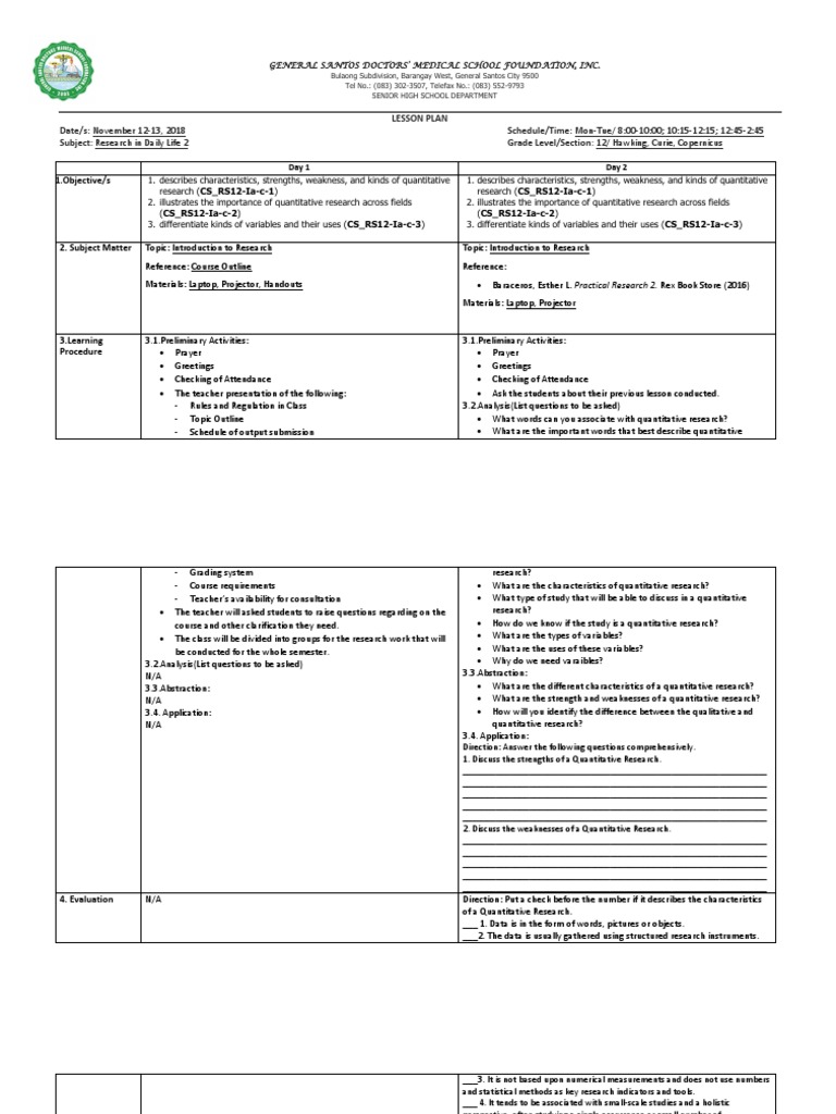 Quantitative Research Lesson Plan | PDF | Quantitative Research ...