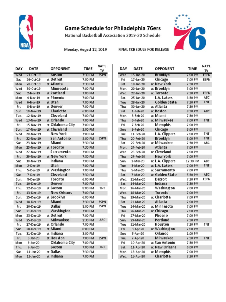 Philadelphia 2019-20 Schedule - JPG | PDF | Los Angeles Lakers ...