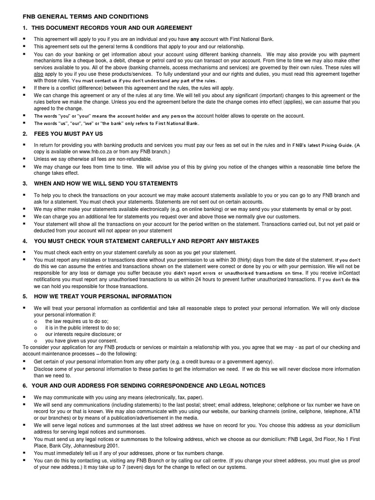 Terms and Conditions FNB General | PDF | Cheque | Securities (Finance)