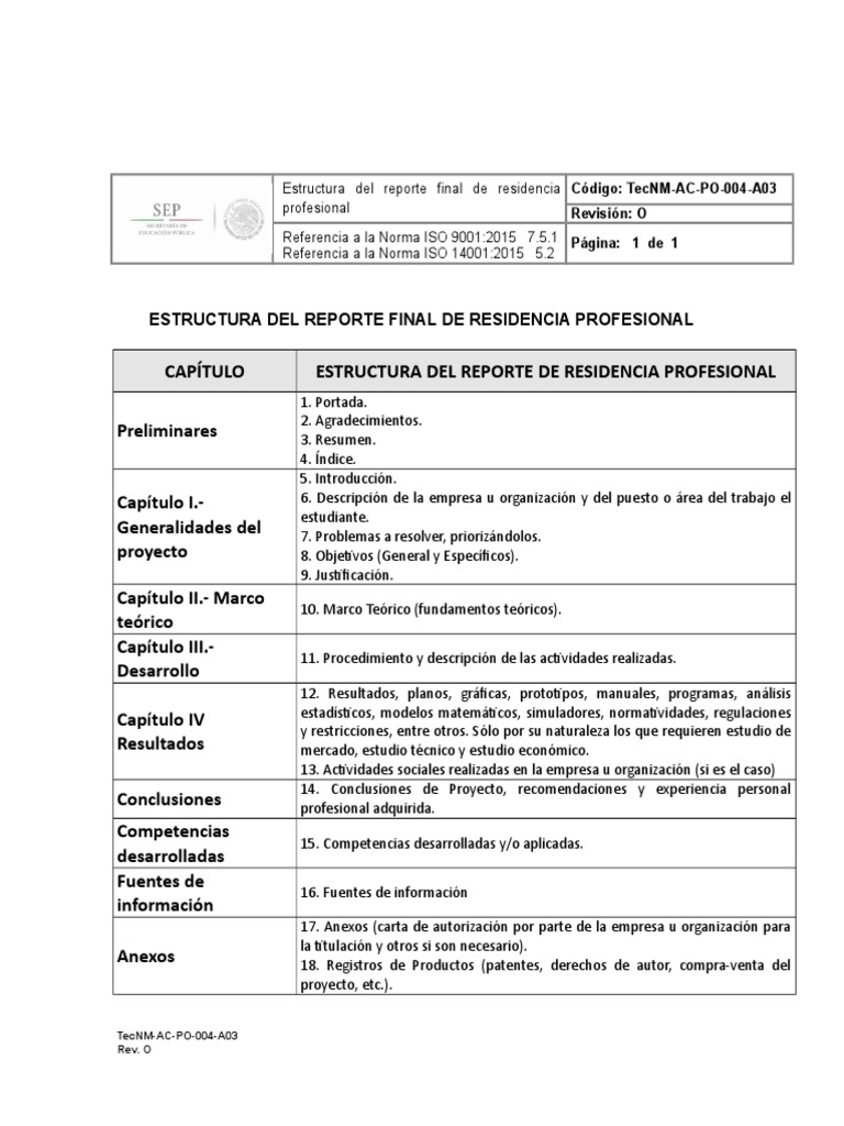 Estructura Del Reporte Final de Residencia Profesional | PDF | Business | Science
