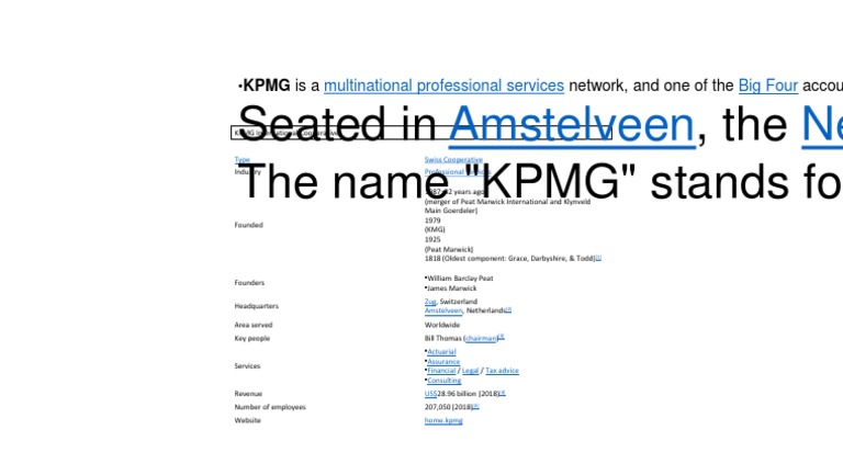 Seated In, The The Name "KPMG" Stands For "Klynveld Peat Marwick ...