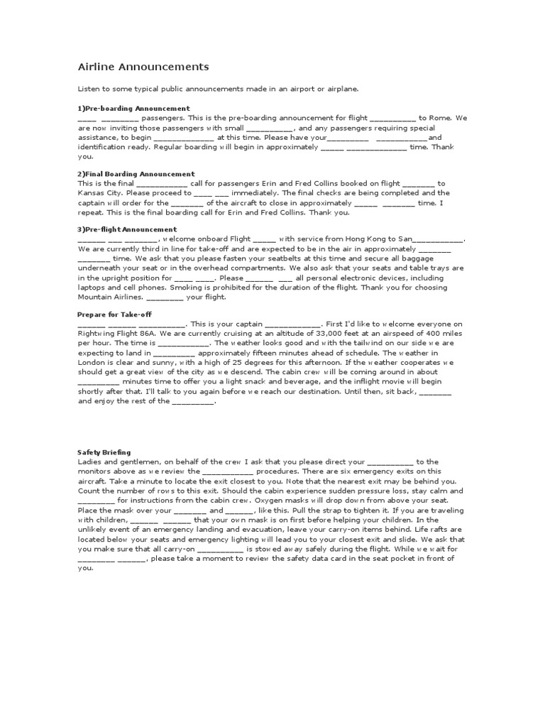 Airline Announcements: 1) Pre-Boarding Announcement | PDF | Flight ...