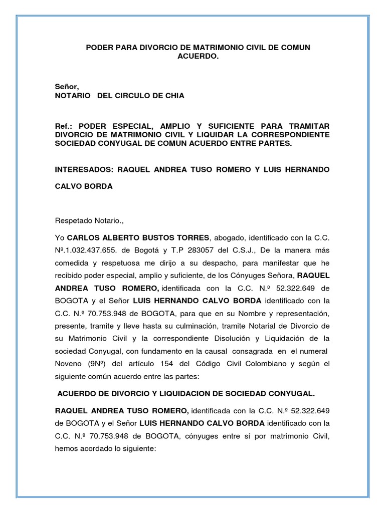 Poder de Divorcio | PDF | Propiedad de la comunidad | Divorcio