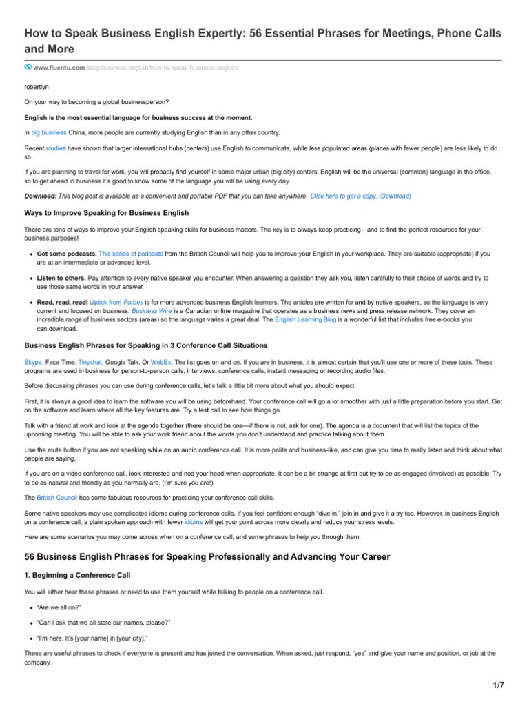 56 Business English Phrases Fo PDF | PDF | Conference Call | English ...