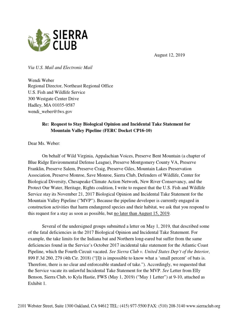 Letter To USFWS Requesting Stay - MVP - 8!12!19 | PDF | Endangered ...