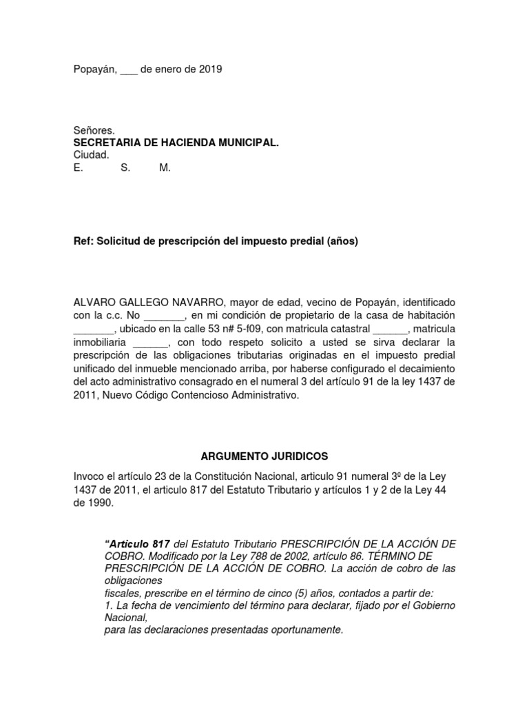 Solicitud de Prescripción Del Impuesto Predial | PDF