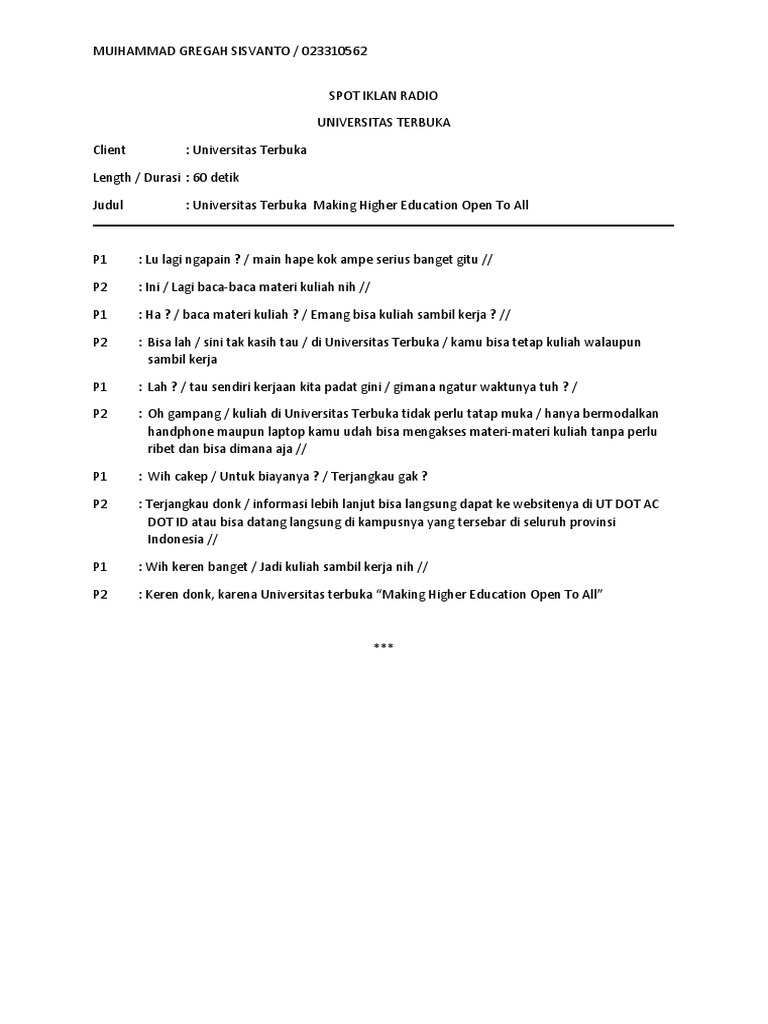 Contoh Spot Iklan Radio 60 Detik | PDF
