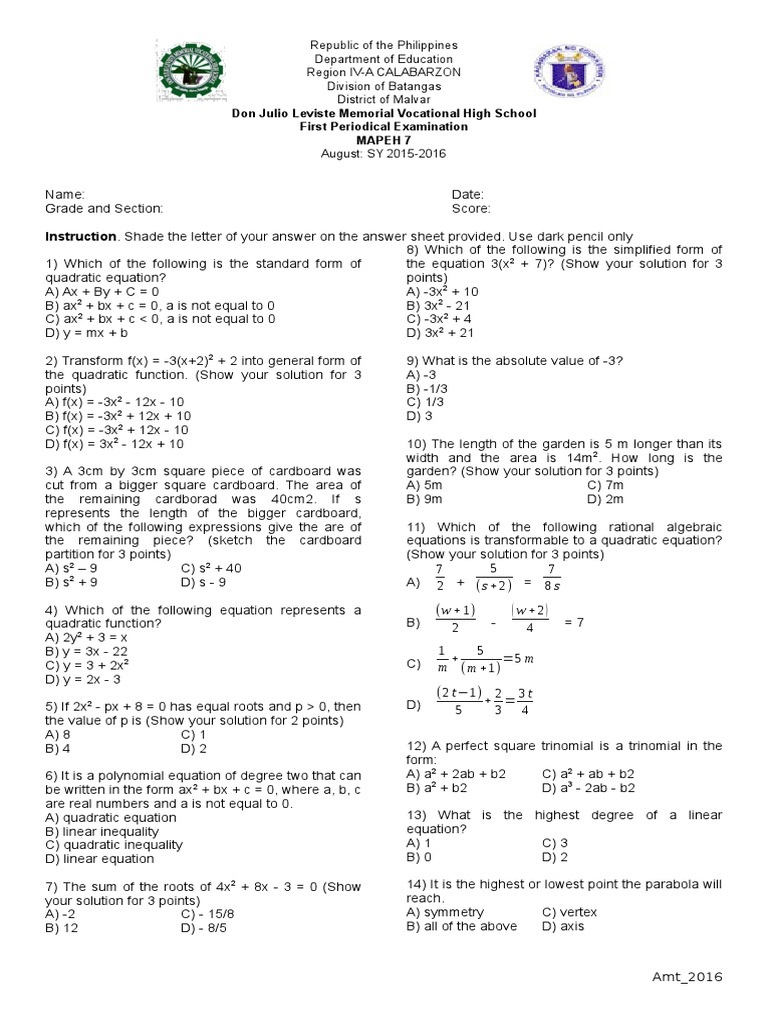 MAPEH 7 Periodical Exam Guide | PDF | Quadratic Equation | Equations