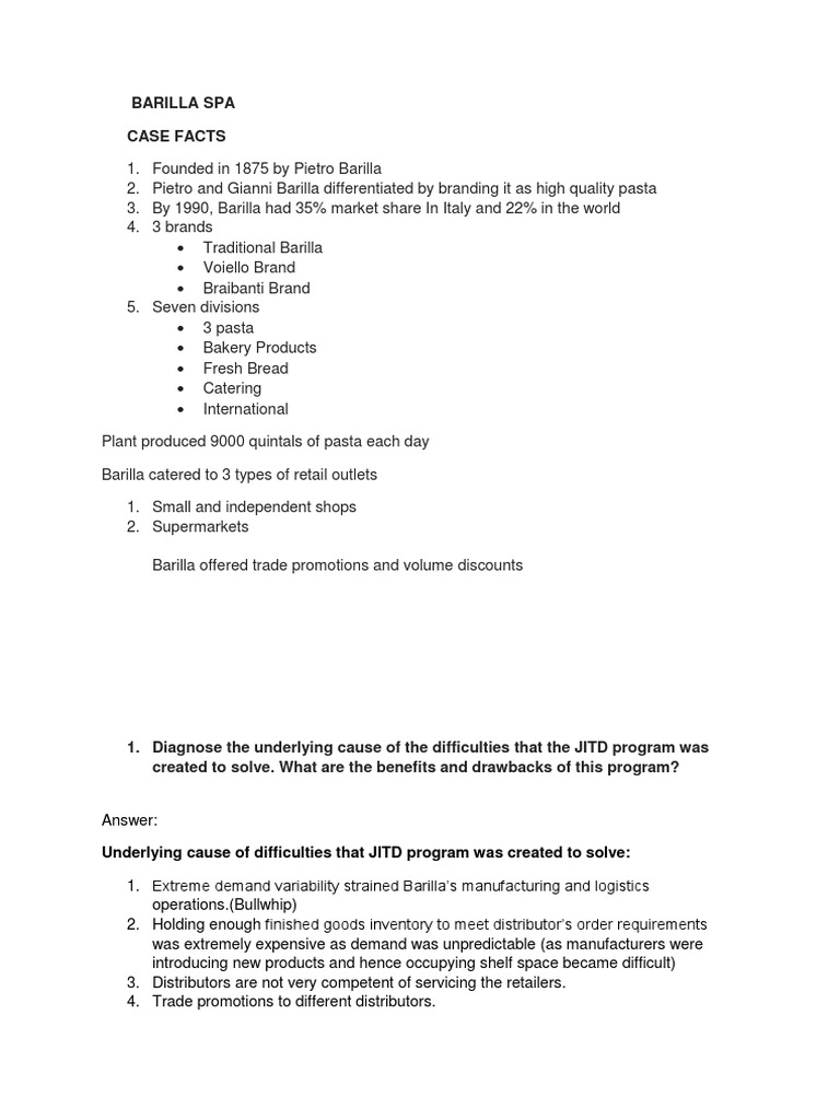 Barilla Spa Case Facts: Underlying Cause of Difficulties That JITD Program Was Created To Solve ...