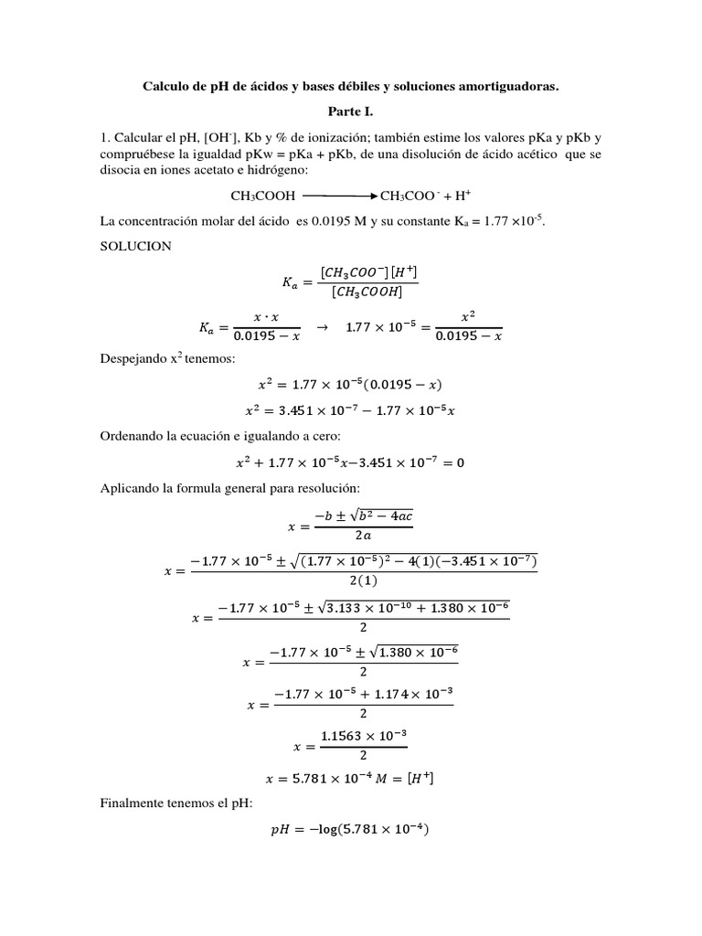 Calculo de PH de Ácidos y Bases Débiles y Soluciones Amortiguadoras | PDF | Constante de ...