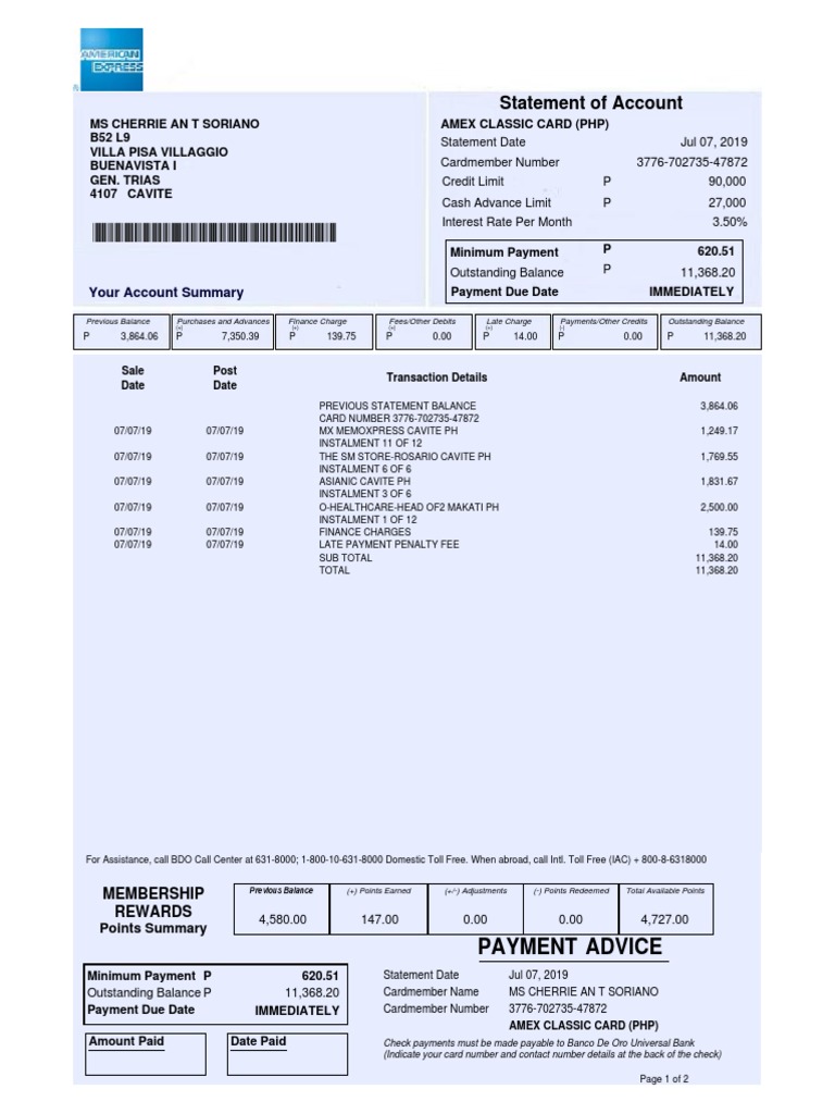 377670273547872CTSORIANO : Statement of Account | PDF | Payments ...