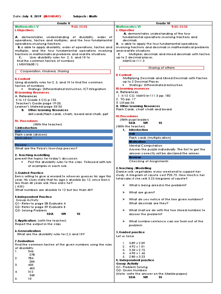 COT MG Math | PDF | Differentiated Instruction | Fraction (Mathematics)