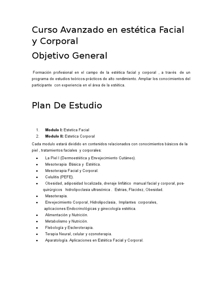 Curso Avanzado En Estética Facial Y Corporal Pdf