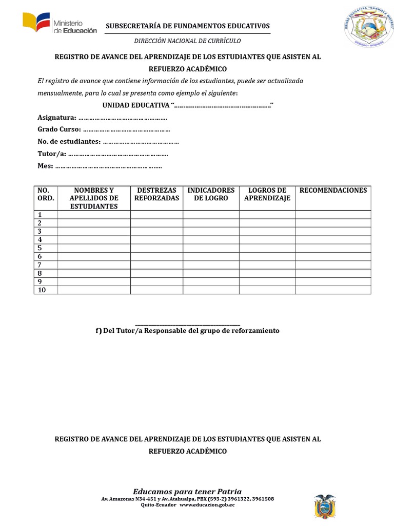 El registro de avance que contiene información de los estudiantes ...