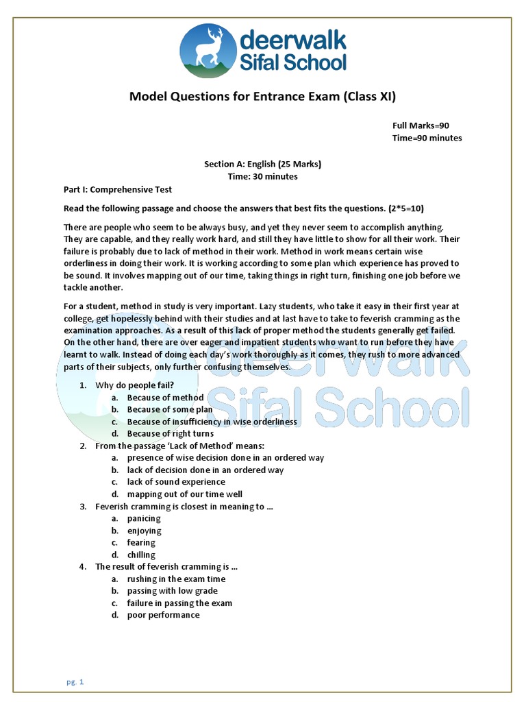 Class 11 Entrance Exam Model Questions | PDF | Area | Triangle
