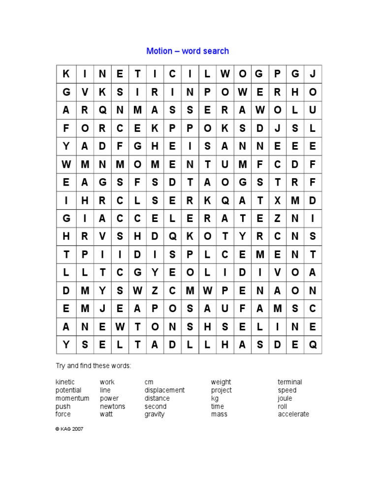 Motion and Force Word Search | PDF