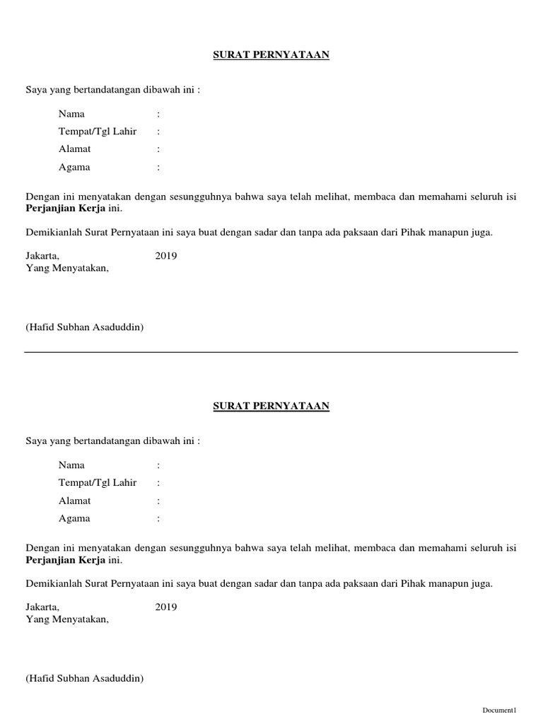 Contoh Form Surat Pernyataan TT Contract | PDF